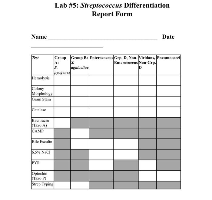 Lab #5: Streptococcus Differentiation Report Form | Chegg.com