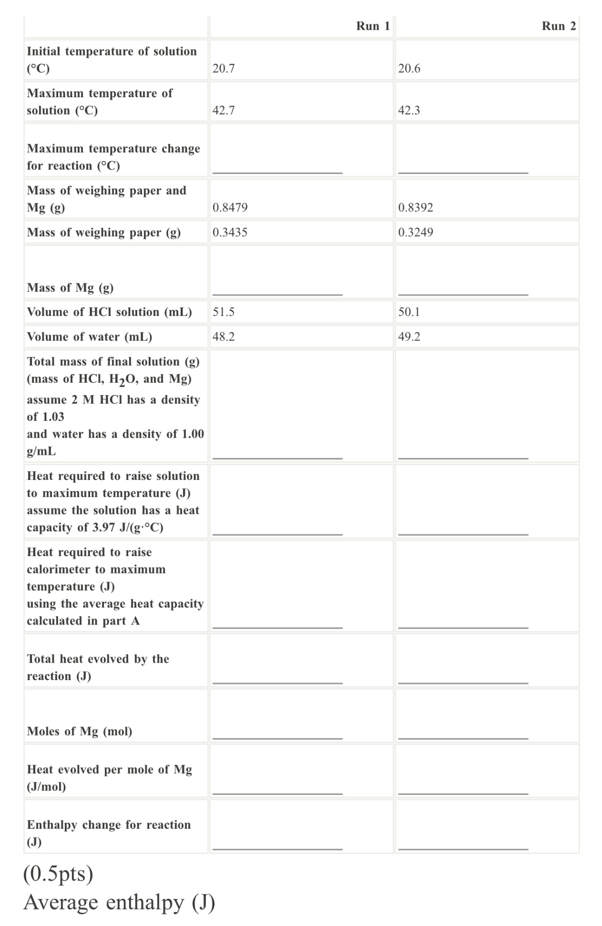 \table[[,Run 1,Run 2],[\table[[Initial temperature of | Chegg.com