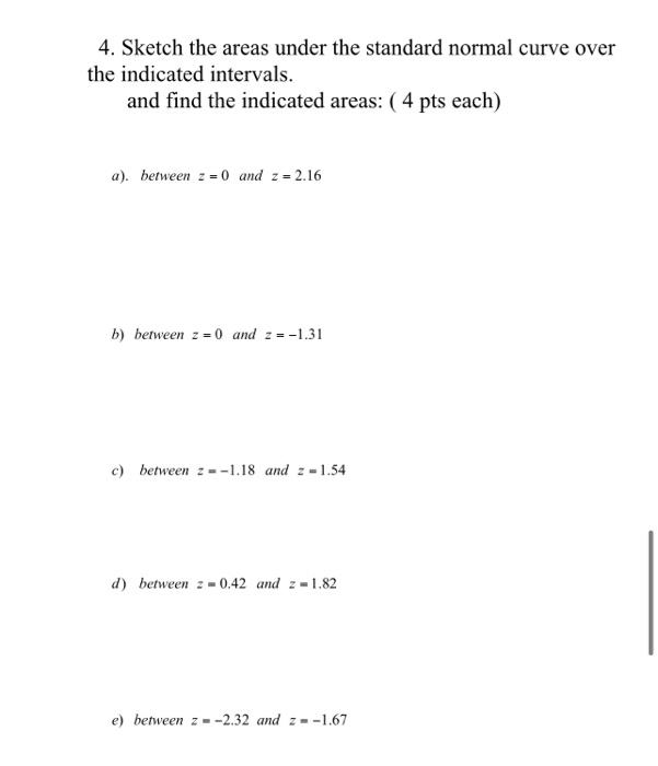 Solved 4. Sketch the areas under the standard normal curve | Chegg.com