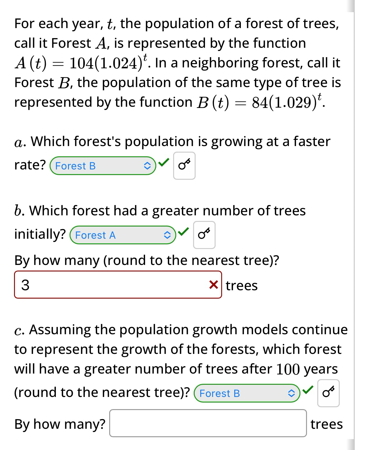 Solved For each year, t, ﻿the population of a forest of | Chegg.com
