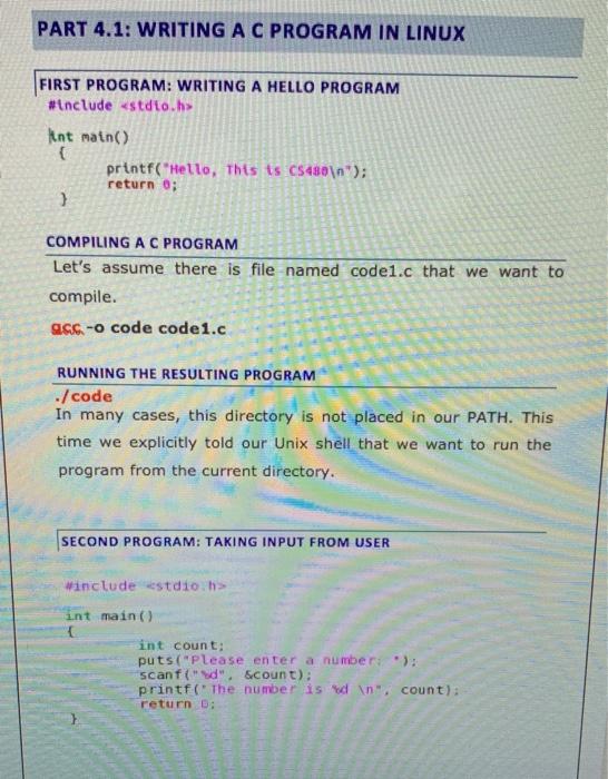 Solved PART 4.1: WRITING A C PROGRAM IN LINUX FIRST PROGRAM: | Chegg.com