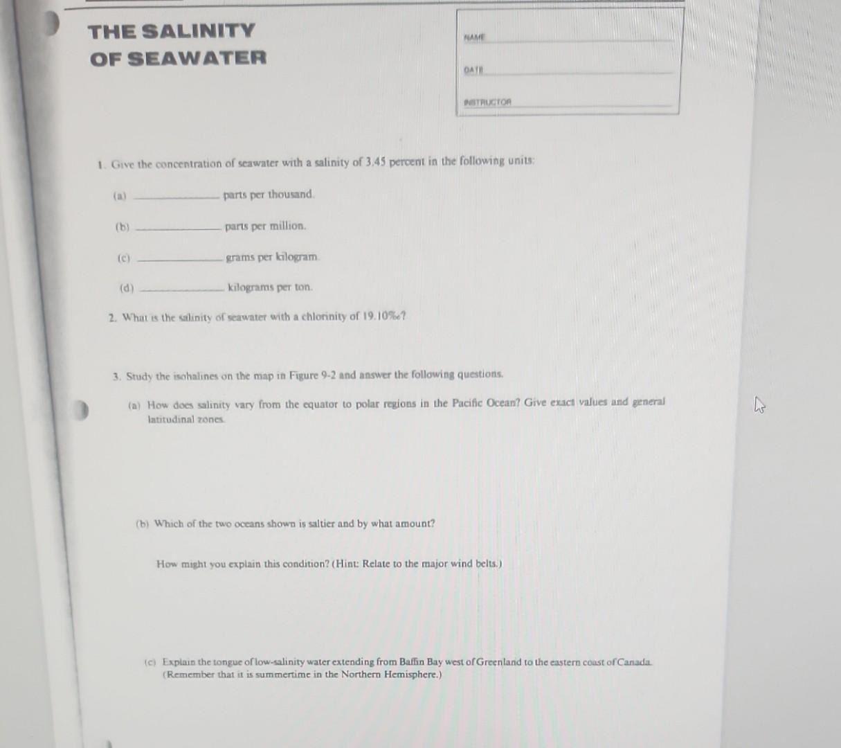 Solved 1. Give the concentration of seawater with a salinity | Chegg.com