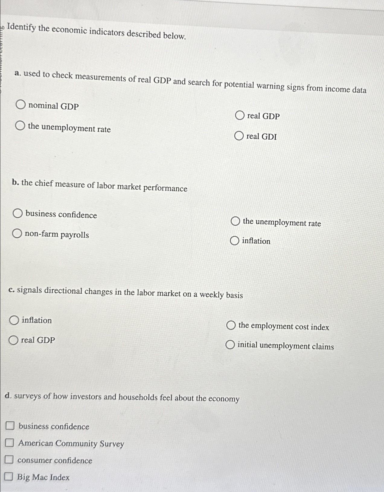 Solved Identify the economic indicators described below.a. | Chegg.com