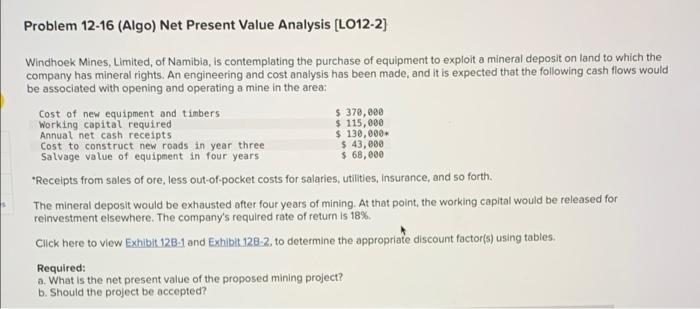 Solved Problem 12-16 (Algo) Net Present Value Analysis | Chegg.com
