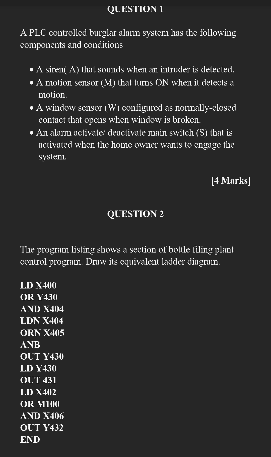 Solved QUESTION 1A PLC controlled burglar alarm system has | Chegg.com