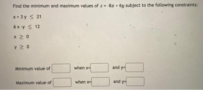 Solved Find the minimum and maximum values of z = -8x + by | Chegg.com