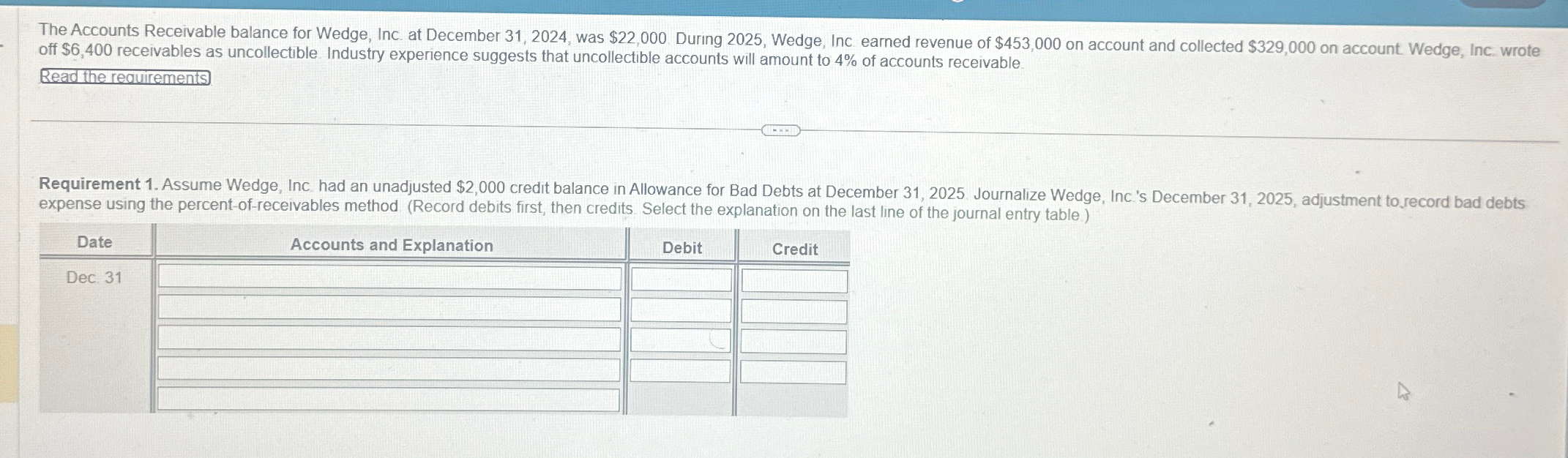 Solved The Accounts Receivable balance for Wedge, Inc. at | Chegg.com