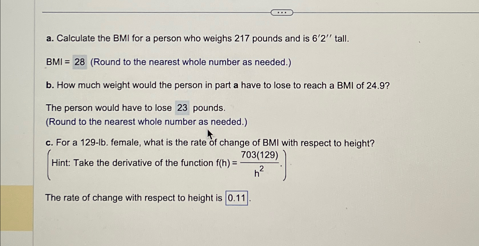 Solved a. ﻿Calculate the BMI for a person who weighs 217 | Chegg.com
