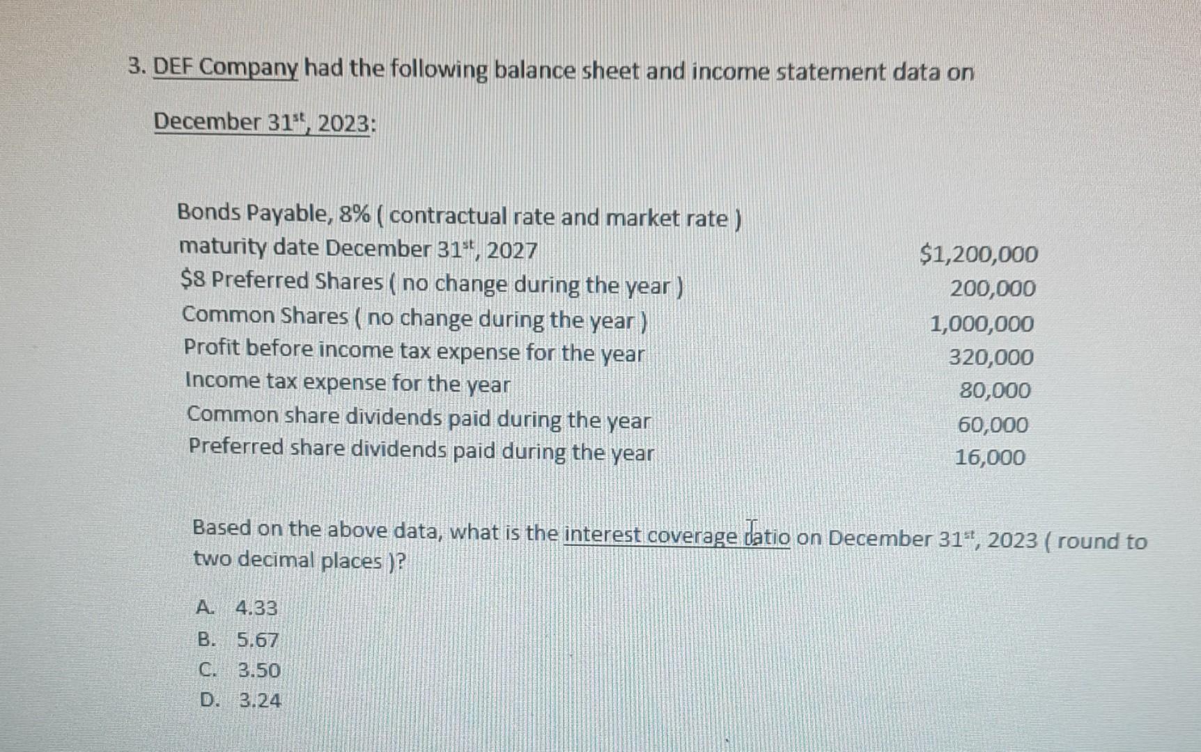 Solved 3. DEF Company had the following balance sheet and | Chegg.com