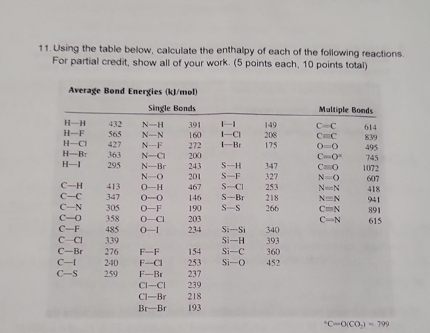 Solved 11. Using the table below, calculate the enthalpy of | Chegg.com