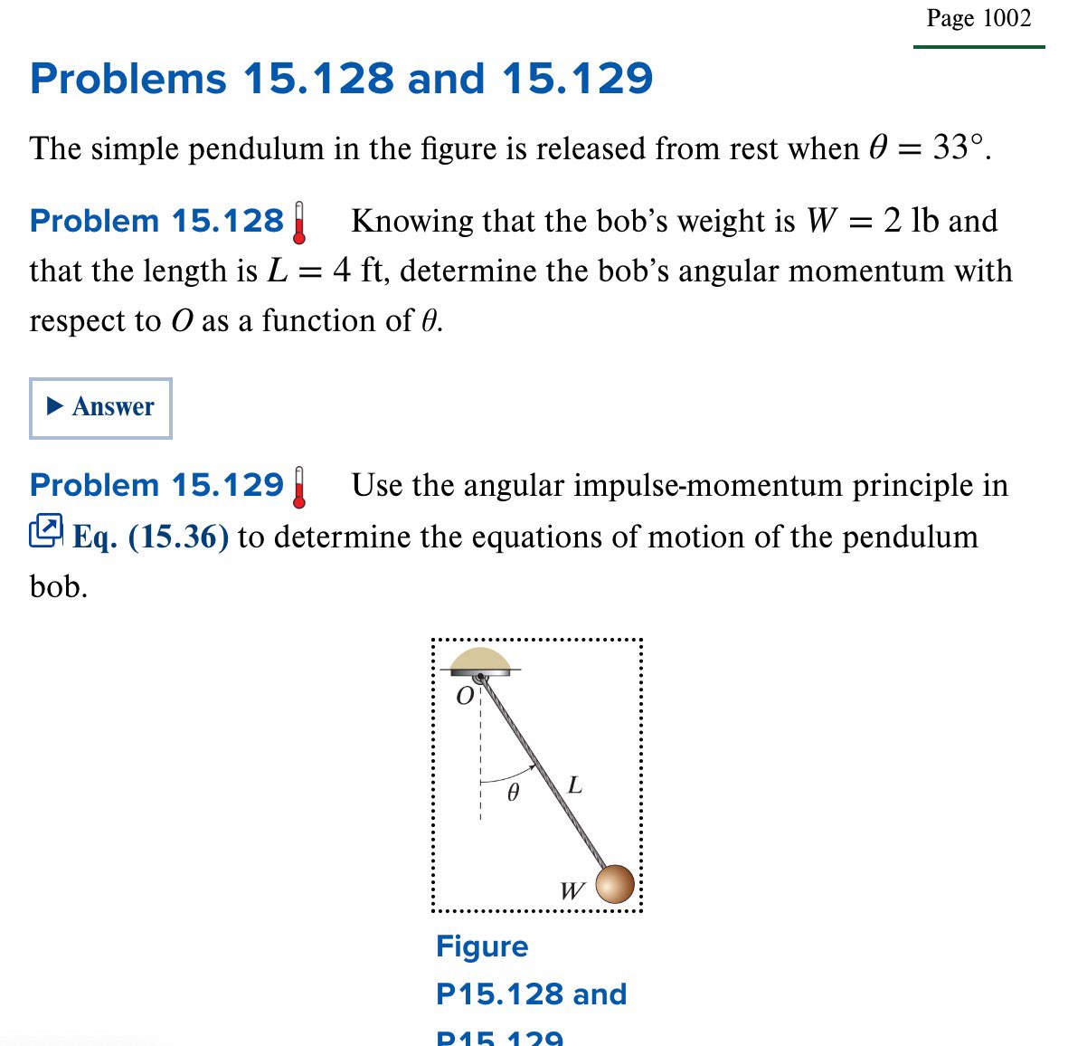 Solved Problems 15.128 ﻿and 15.129The simple pendulum in the | Chegg.com