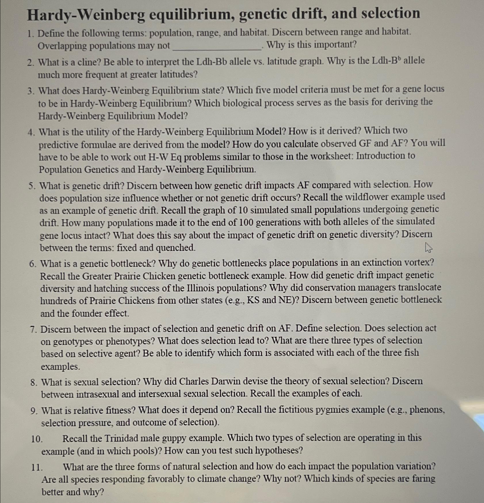 Solved Hardy-Weinberg equilibrium, genetic drift, and | Chegg.com