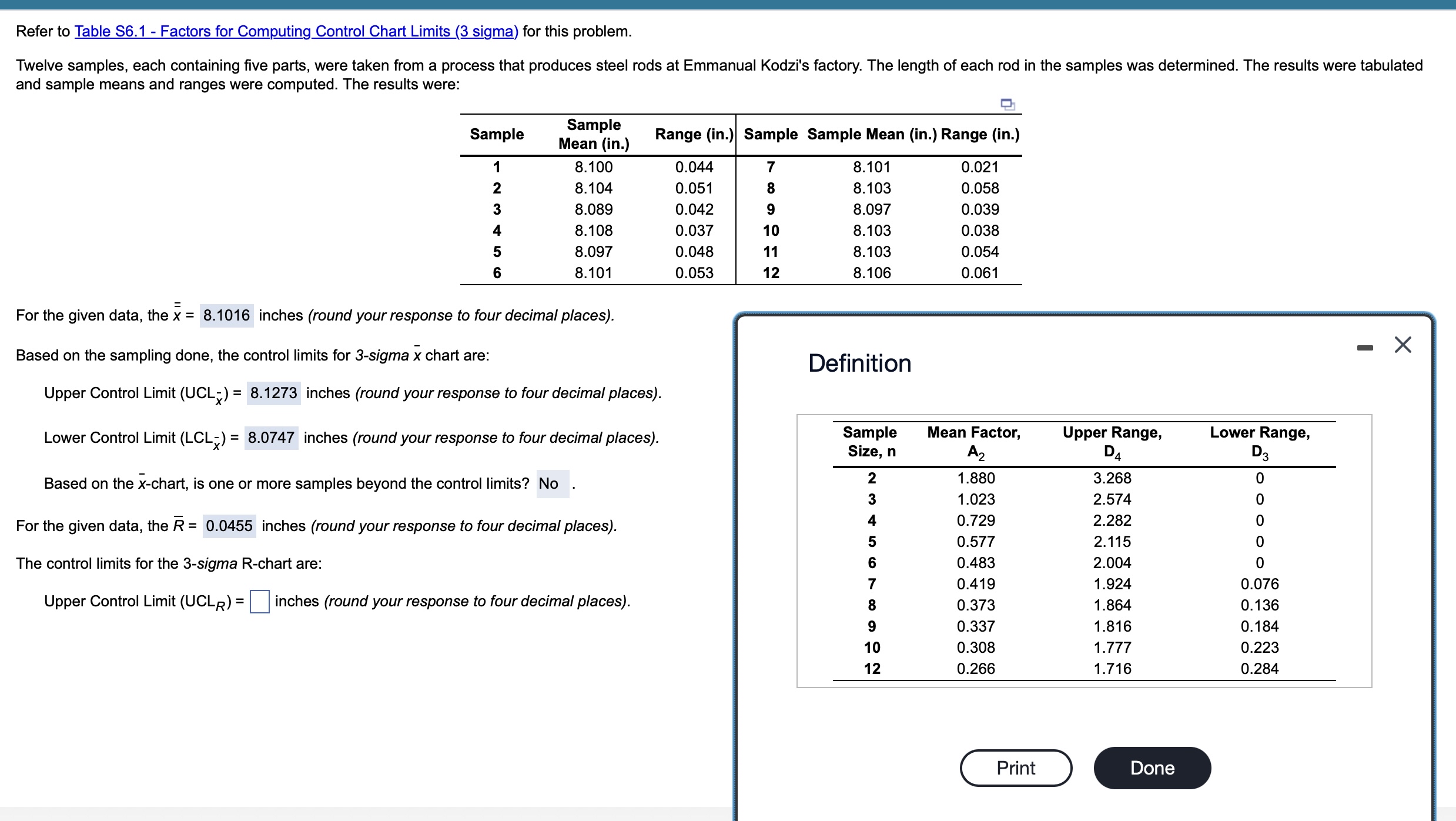 Refer to Table S6.1 - ﻿Factors for Computing Control | Chegg.com