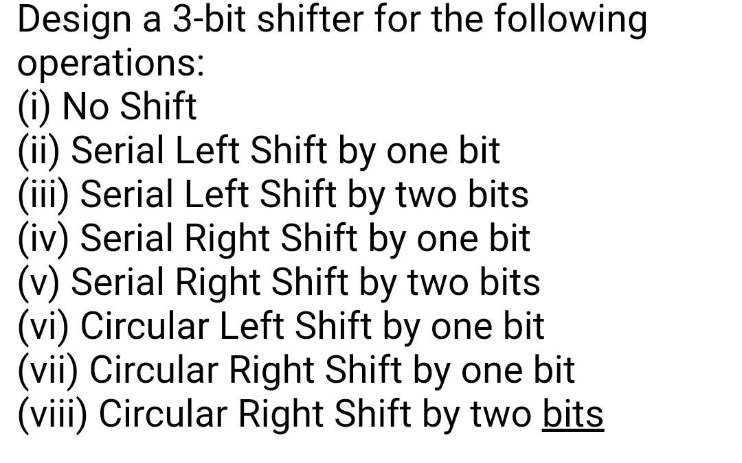 Solved Design a 3-bit shifter for the following operations: | Chegg.com