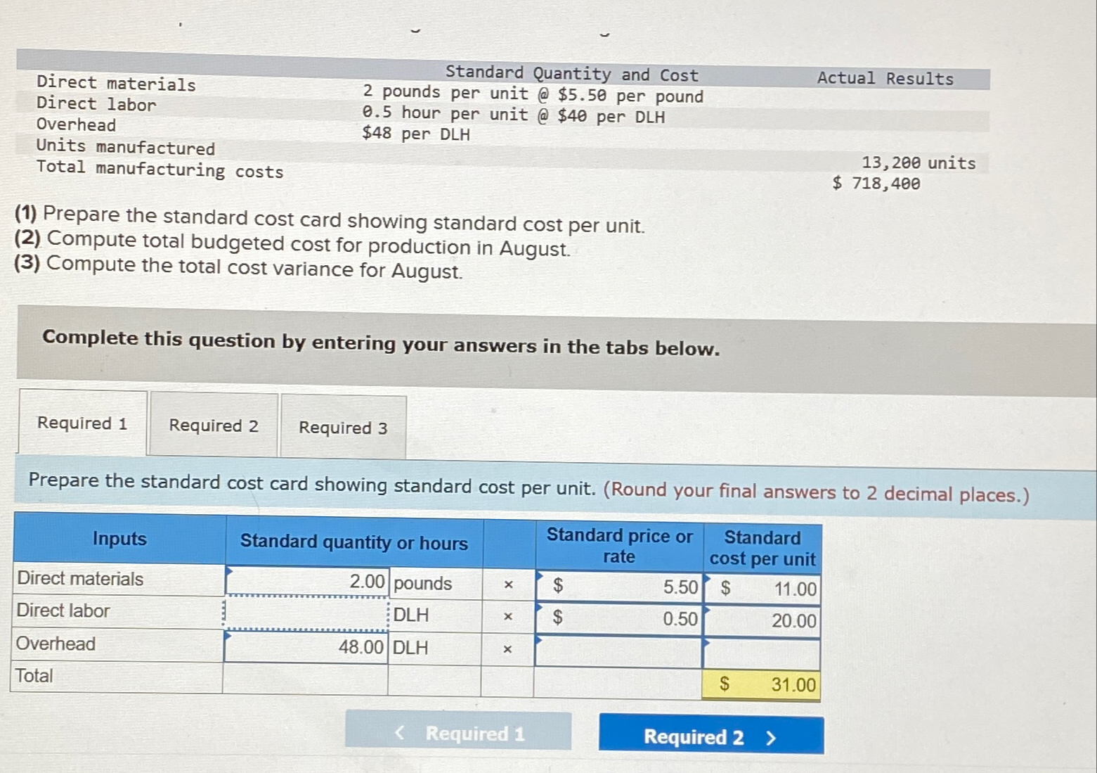 Solved \table[[,Standard Quantity and Cost,Actual | Chegg.com