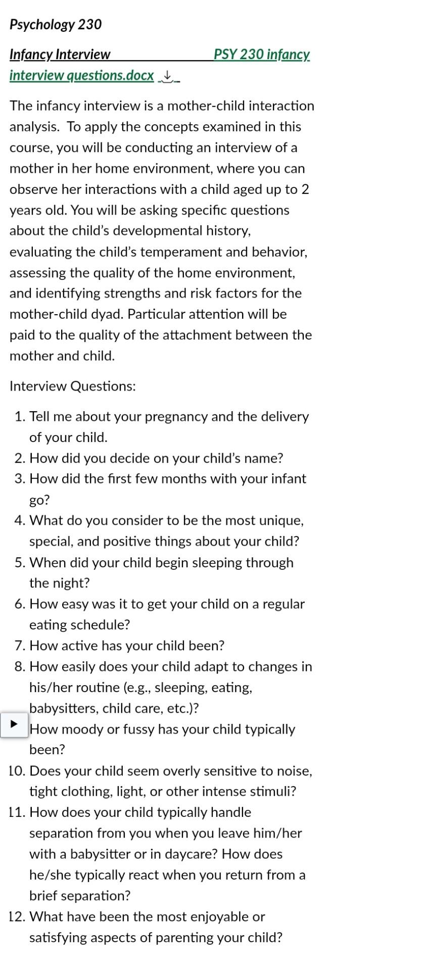 Psychology 230 Infancy Interview PSY 230 infancy | Chegg.com