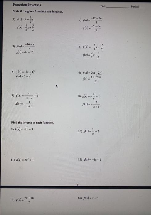 Solved Function Inverses State if the given functions are | Chegg.com