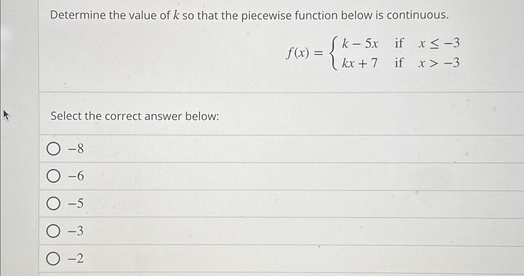 Solved Determine the value of k ﻿so that the piecewise | Chegg.com