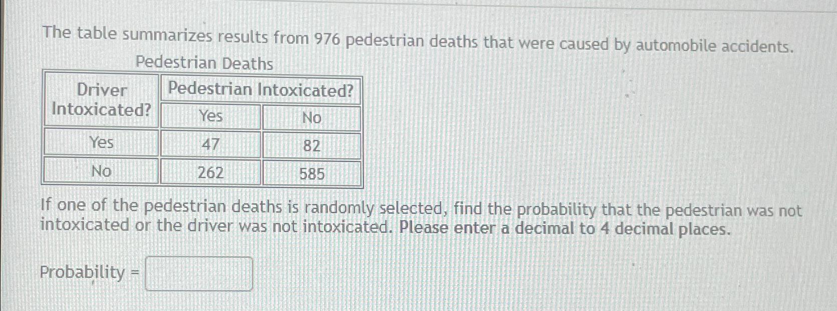 Solved The table summarizes results from 976 ﻿pedestrian | Chegg.com