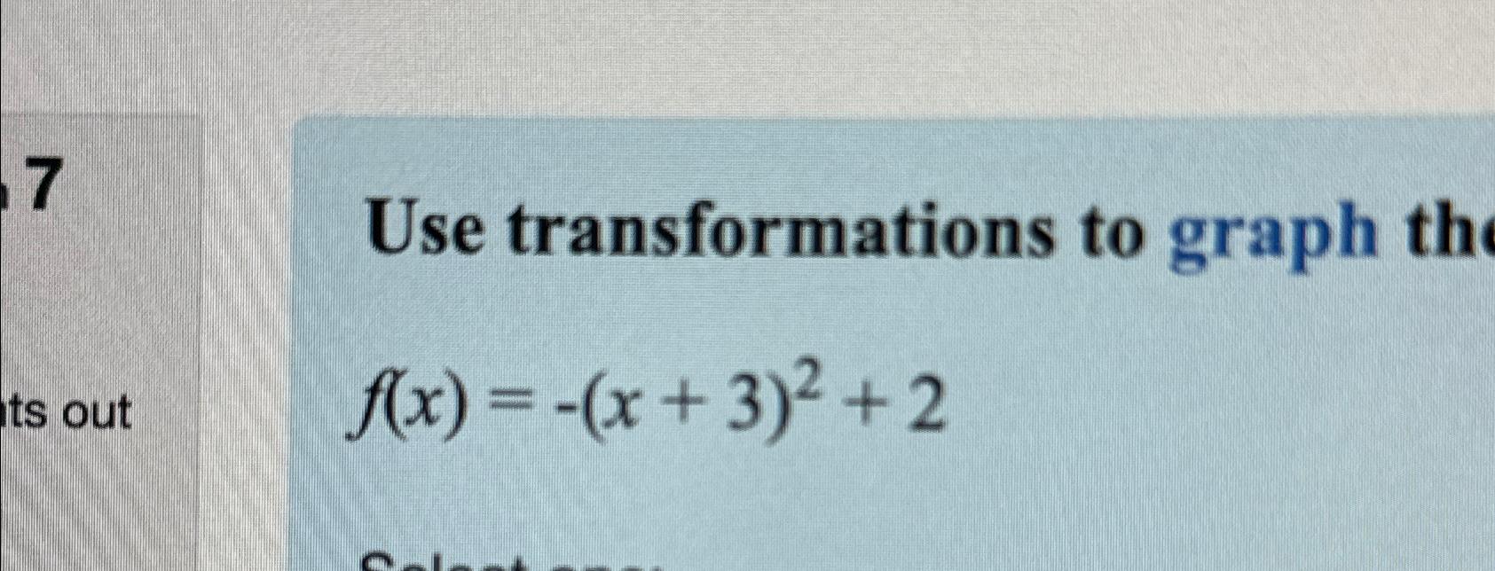 Solved 7Use transformations to graphf(x)=-(x+3)2+2 | Chegg.com