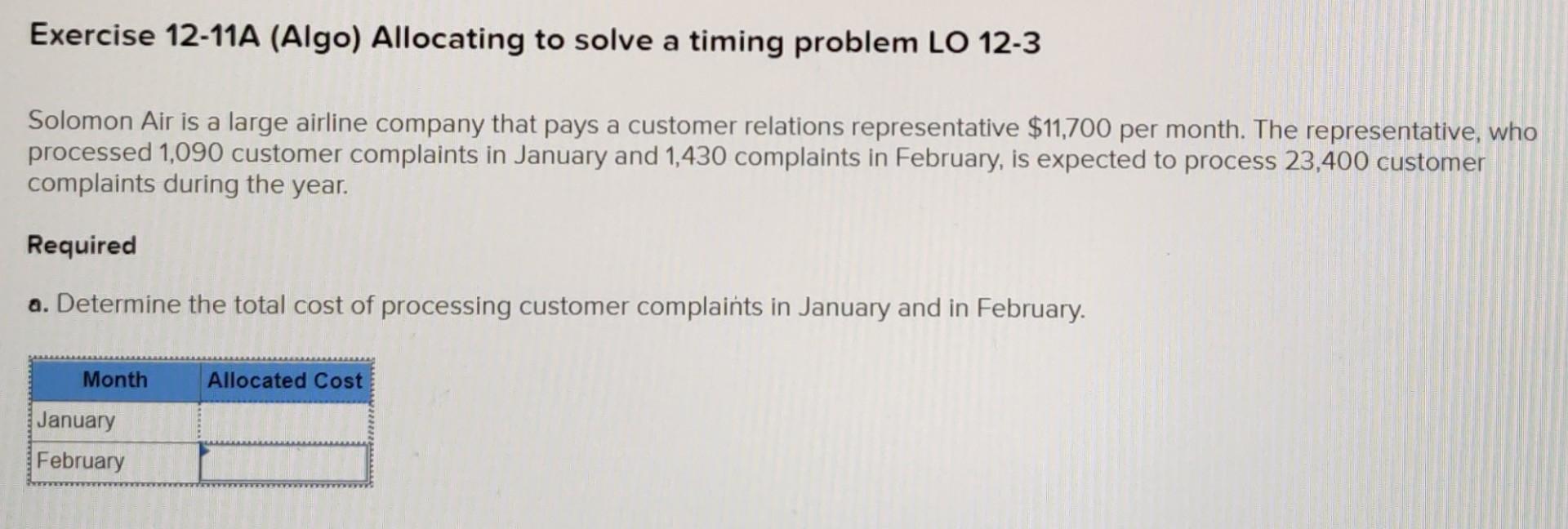 Solved Exercise 12-11A (Algo) Allocating to solve a timing | Chegg.com