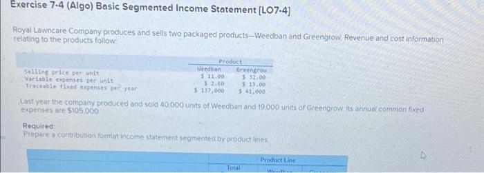 Solved Exercise 7-4 (Algo) Basic Segmented Income Statement | Chegg.com