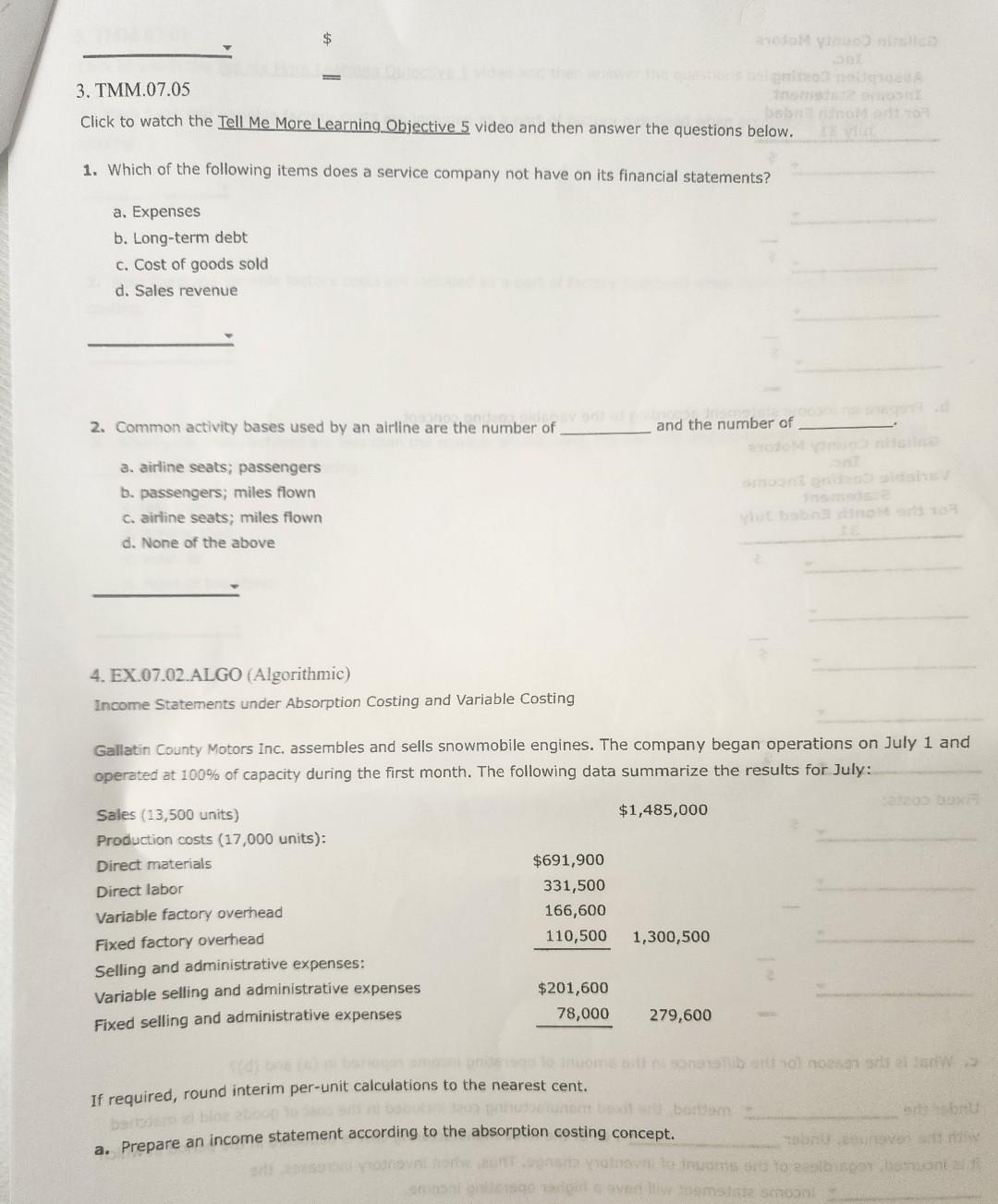 Solved 2. EX.07.05.ALGO (Algonithmic) Variable Costing | Chegg.com