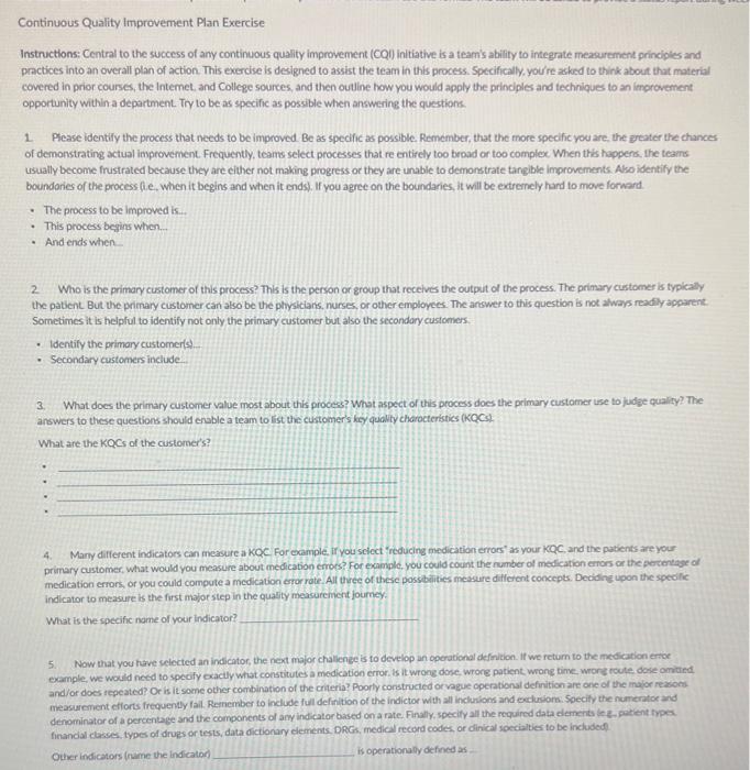 Solved Continuous Quality Improvement Plan Exercise | Chegg.com
