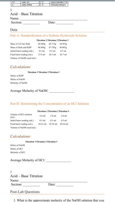Solved hehe 1 Acid - Base Titration Name: Section: Date: | Chegg.com