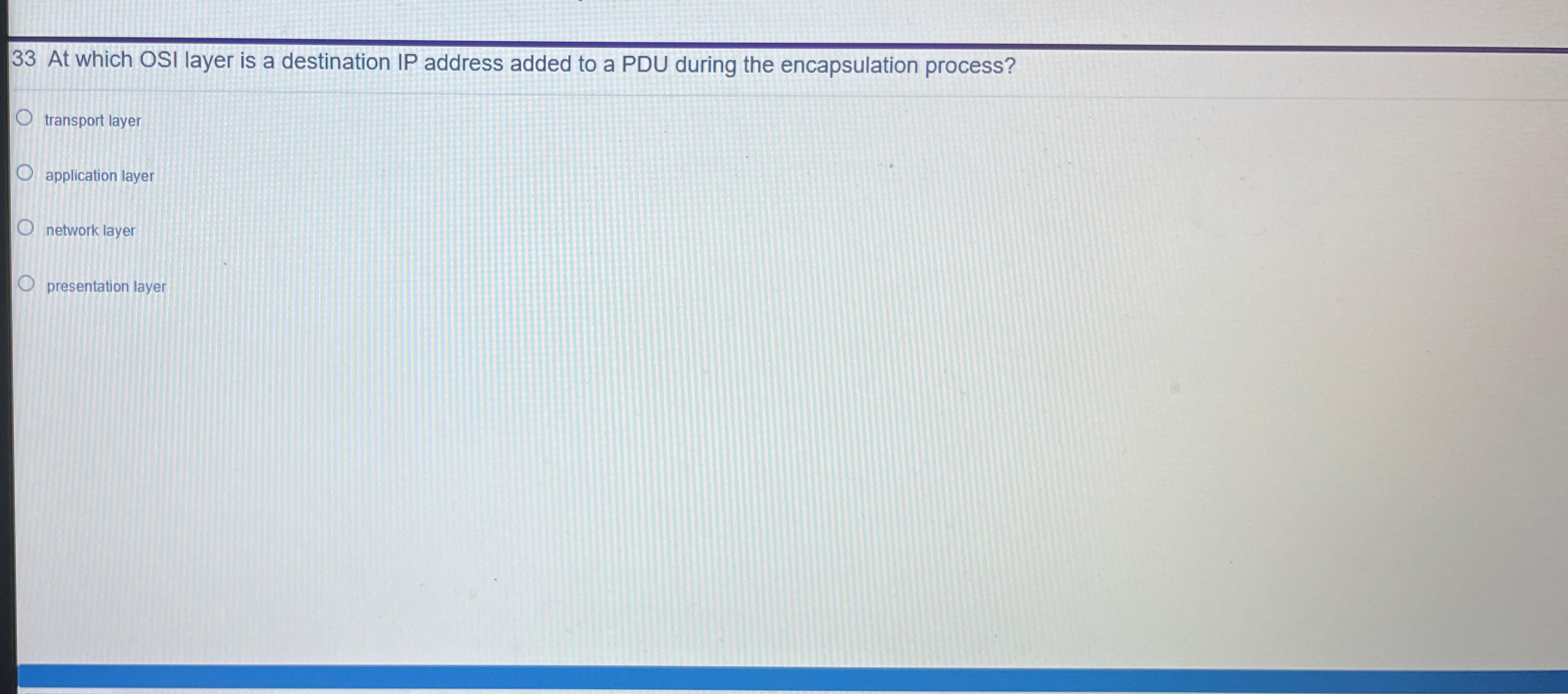 Solved 33 ﻿At which OSI layer is a destination IP address | Chegg.com