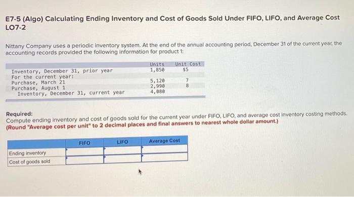 Solved E7-5 (Algo) Calculating Ending Inventory and cost of | Chegg.com