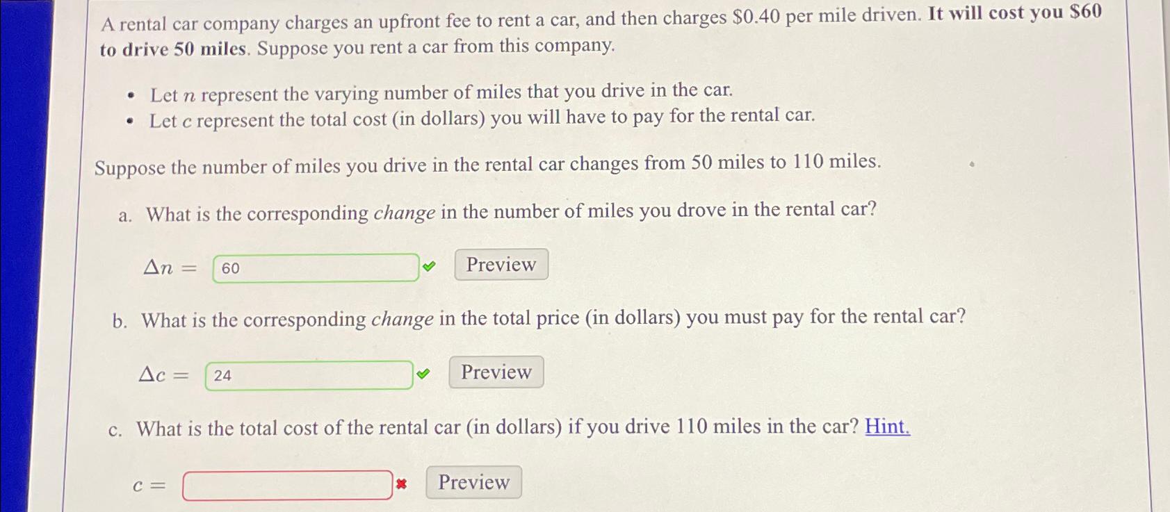 Solved A rental car company charges an upfront fee to rent a | Chegg.com
