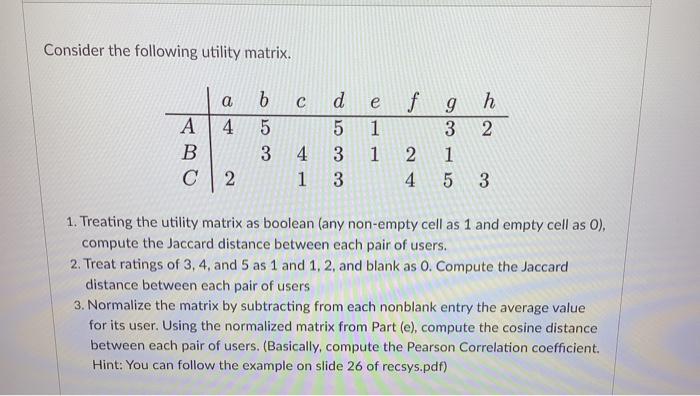 Solved Consider the following utility matrix. с a A 4 B C2 b | Chegg.com