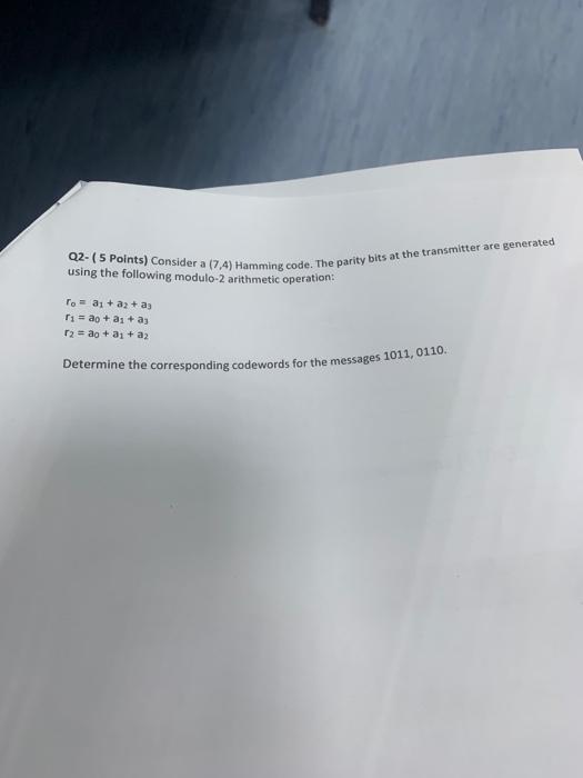 Q2- ( 5 Points) Consider a (7,4) Hamming code. The | Chegg.com