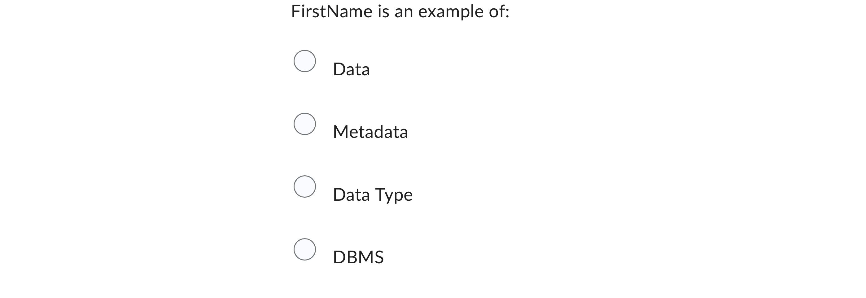 Solved FirstName is an example of:DataMetadataData TypeDBMS | Chegg.com