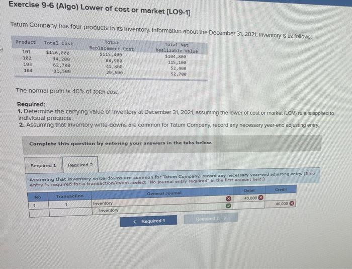 Solved Exercise 9-6 (Algo) Lower of cost or market [LO9-1] | Chegg.com