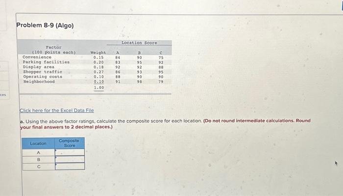 Solved Problem 8-9 (Algo) Click here for the Excel Data File | Chegg.com