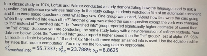Solved In a classic study in 1974, Loftus and Palmer | Chegg.com
