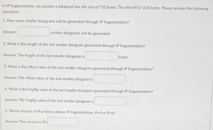 Solved In IP fragmentation, we assume a datagram has the | Chegg.com