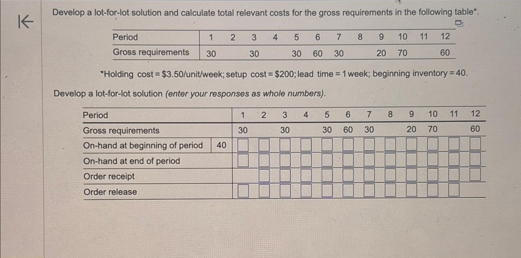 Solved Develop a lot-for-lot solution and calculate total | Chegg.com