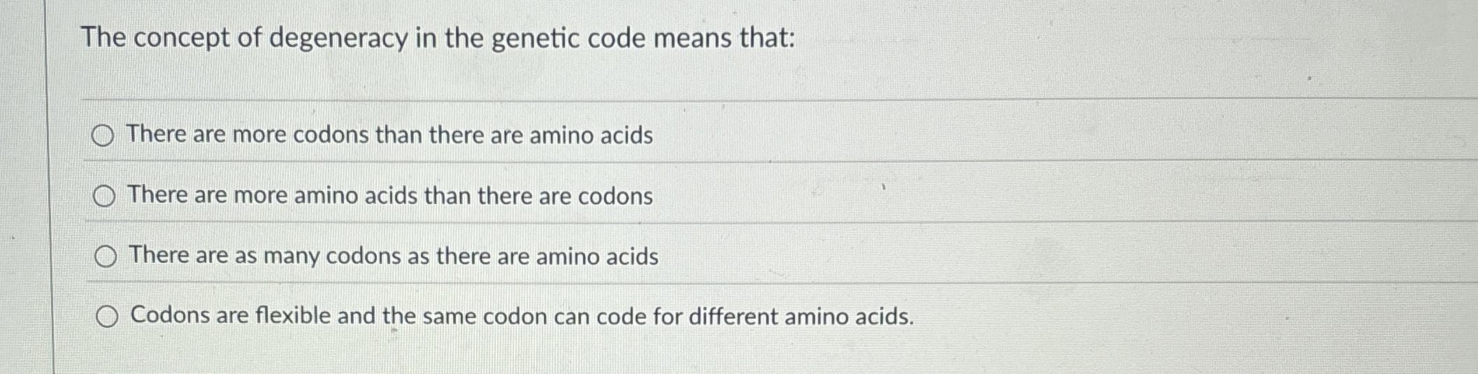 Solved The concept of degeneracy in the genetic code means | Chegg.com