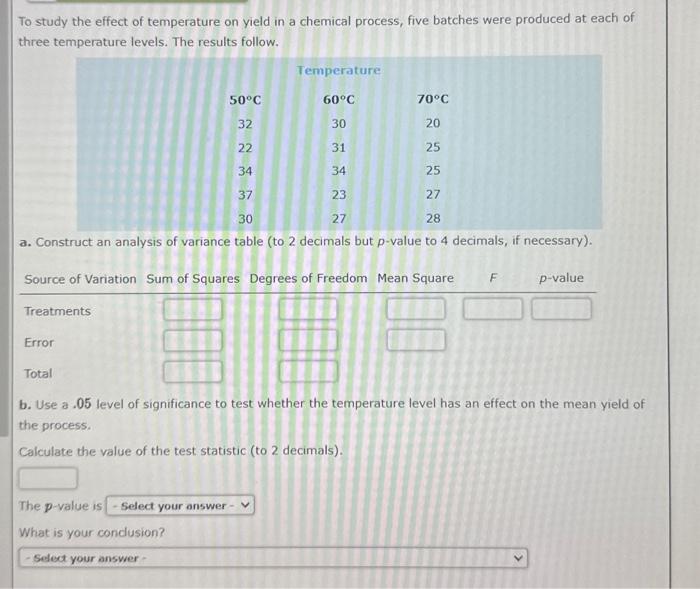 Solved To study the effect of temperature on yield in a | Chegg.com