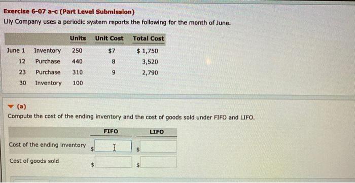 Solved Exercise 6-07 a-c (Part Level Submission) Lily | Chegg.com
