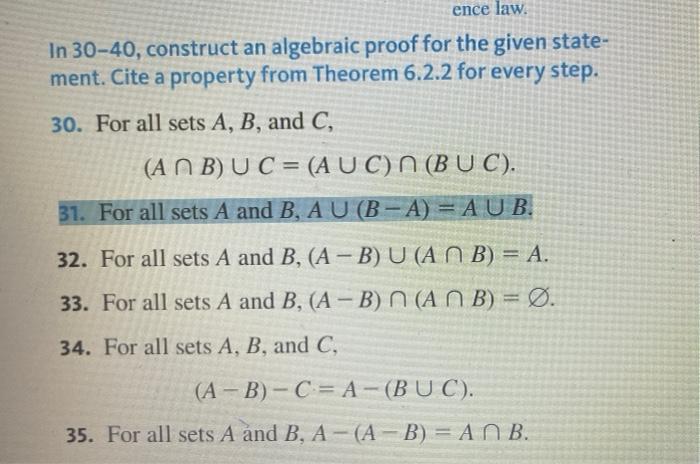 Solved ence law. In 30-40, construct an algebraic proof for | Chegg.com