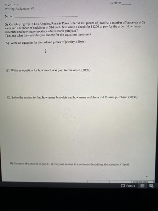 Solved Section: Math 1314 Writing Assignment #3 Name: 3). On | Chegg.com