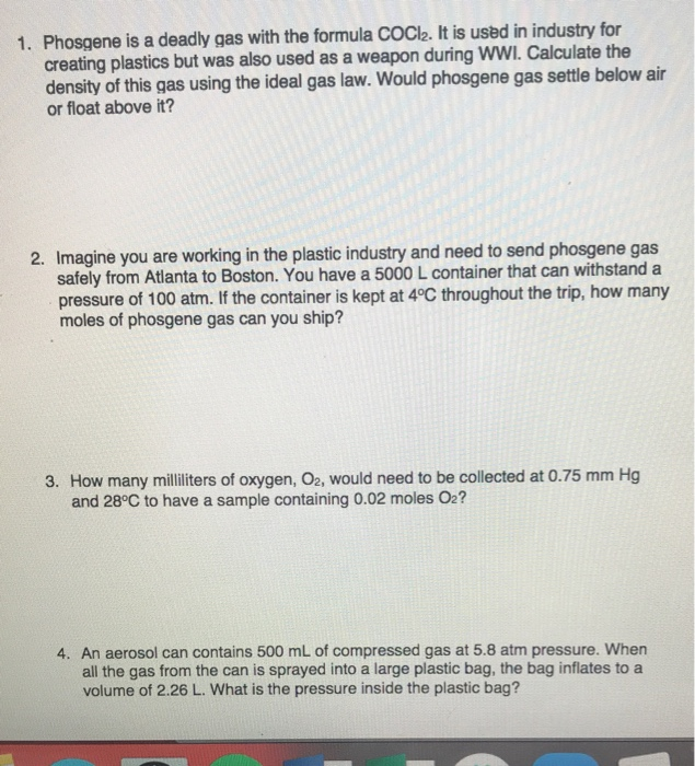 Solved 1. Phosgene is a deadly gas with the formula COCl2. | Chegg.com