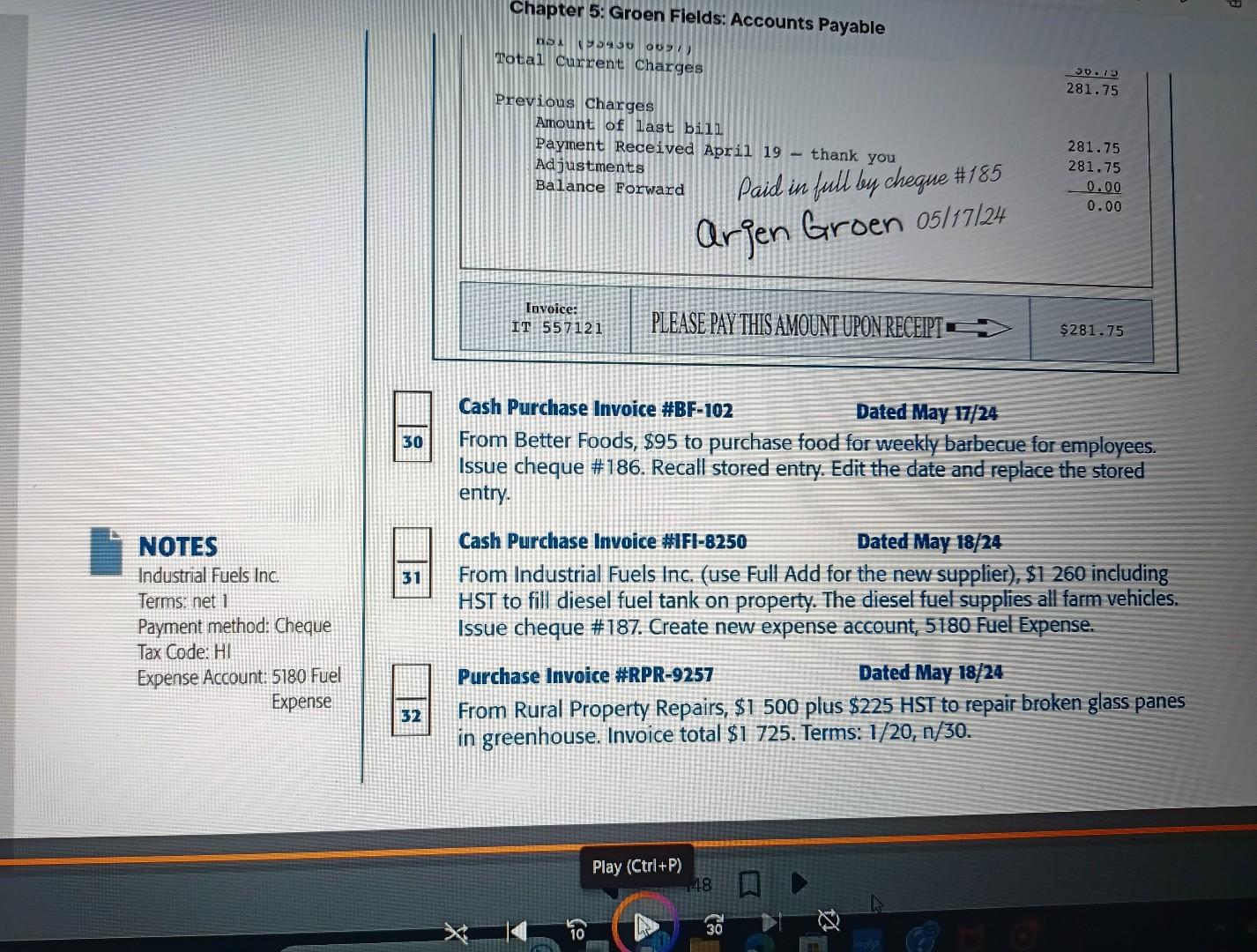 NOTES Remember to select Cheque as the payment method | Chegg.com