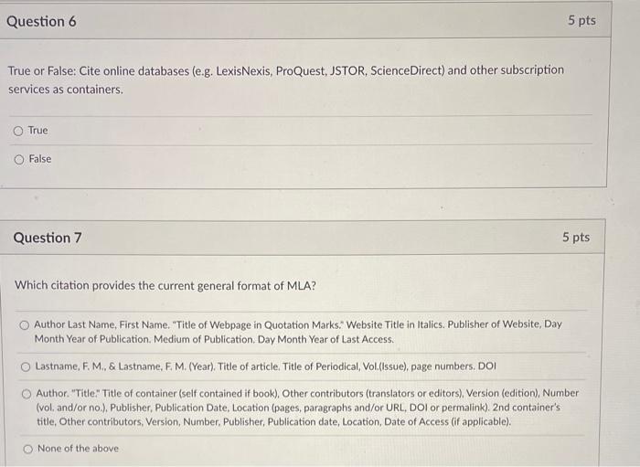 True or False: Cite online databases (e.g. | Chegg.com