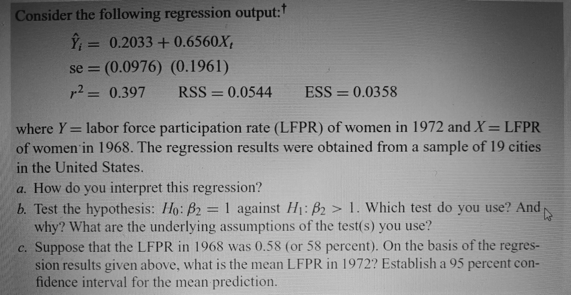 Solved Consider the following regression output: † | Chegg.com