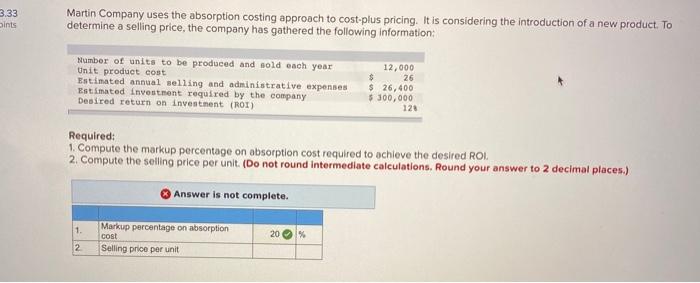 Solved 333 ints Martin Company uses the absorption costing | Chegg.com